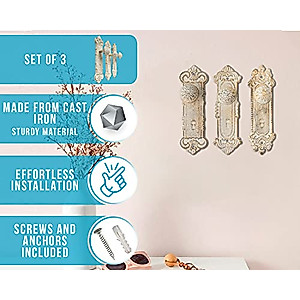 Shabby Chic Cast Iron Decorative Wall Mounted Hooks - Rustic White - Door Knob Coat Hooks for Wall - Set of 3 - Screws and Anchors Included - Antique Wall Hooks for Hanging Clothes