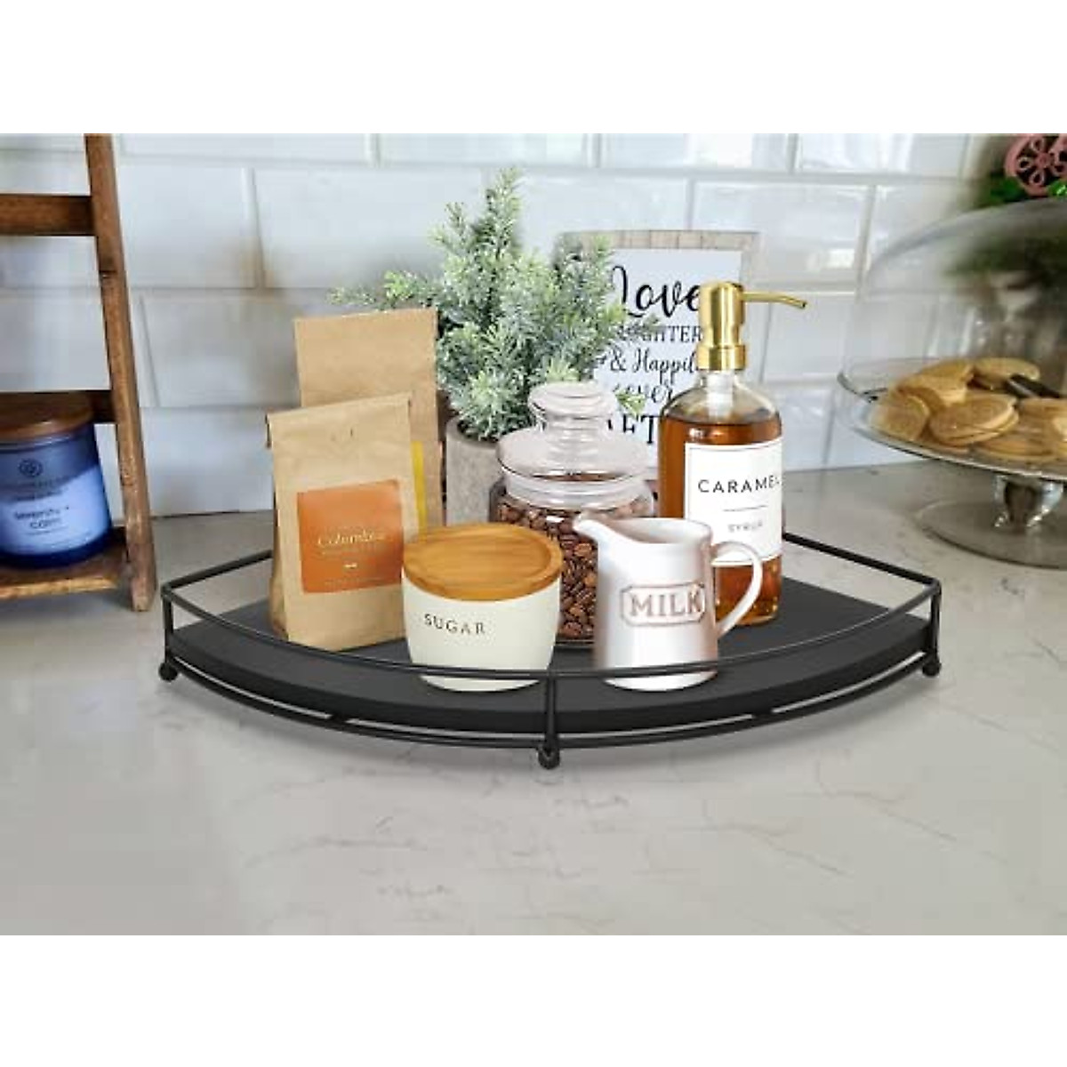 Y&ME Wood Counter Corner Shelf, Black Decorative Serving Tray Bathroom Organizer Countertop, Rustic Tray Riser for Coffee Bar Decor, Display Riser for Farmhouse Accent Centerpiece in Kitchen/Dining
