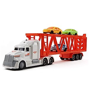 Vokodo Toy Semi Truck Trailer 3 Car Carrier 14" Friction Powered with Lights and Sounds Kids Push and Go Big Rig Auto Transporter Vehicle Semi-Truck Pretend Play Great Gift for Children Boys Girls