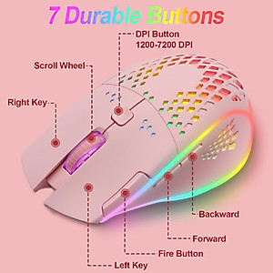 VEGCOO Wireless Gaming Mouse, C30 Silent Click Wireless Rechargeable Gaming Mouse with Double-Click Key and Colorful LED Lights, 3 Level Adjustable DPI for Gaming and Working (Pink)