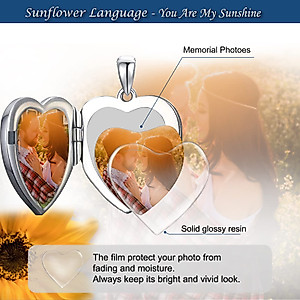 SOULMEET Personalized Sunflower Heart Locket Sterling Silver Necklace That Holds 2 Pictures Memory Photo Lockets Custom Any Photo (Custom photo & text)