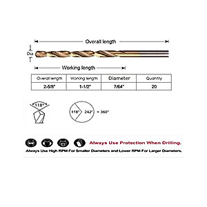 20pcs 7/64in x 2-5/8in, HSS Titanium Coated Drill Bits, Jobber Length, Straight Shank, Metal Drill for General Purpose