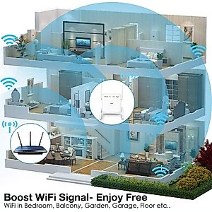 WiFi Range Extender, 1200Mbps WiFi Range Extender Wireless Signal Repeater Booster, Dual Band 2.4G and 5G Expander, 4 Antennas 360° Full Coverage, Extend WiFi Signal to Smart Home Devices（1200M）