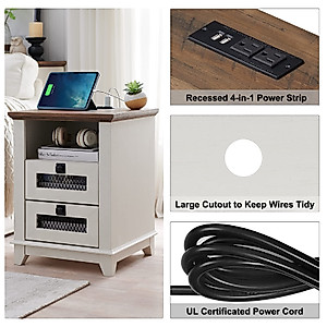 Nightstand with Charging Station,OKD 18'' Industrial & Farmhouse Square End Table w/ 2 Drawers & Open Cubby, Rustic Mesh Drawer Sofa Side Table w/Storage for Bedroom, Living Room Office, Antique White