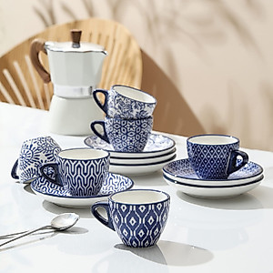 Selamica Ceramic 2.8 oz Espresso Cups, Small Expresso Coffee Cup Set with Saucers, Cappuccino Cups Set of 6, Porcelain Mini Demitasse Cups for Latte Mocha Tea, Gift, Vintage Blue