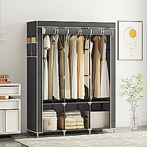 HOMGRNE Portable Closet, 49-Inch Portable Wardrobe with 6 Storage Shelves,3 Hanging Rods and 4 Side Pockets, Bedroom Clothes Organizer Rack with Non-Woven Fabric Cover