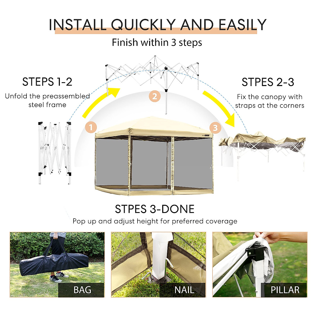 VIVOHOME 10x10ft Easy Pop-Up Canopy, Outdoor Screen Tent with Mesh Mosquito Netting Side Walls for Camping Picnic Party Deck Yard Events, Beige