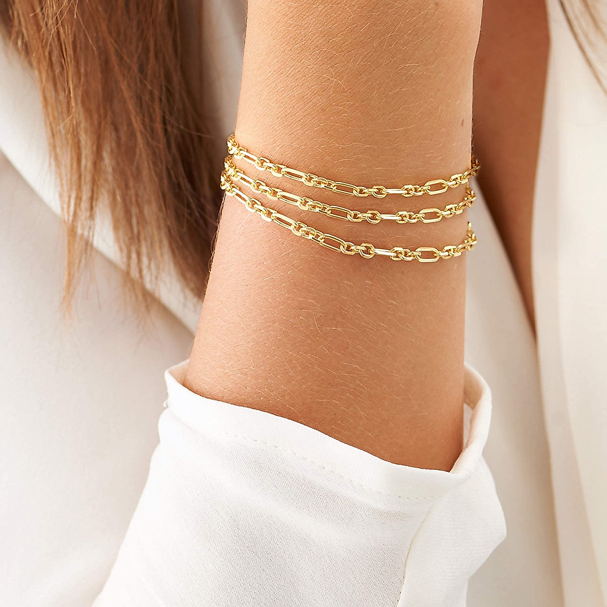PEARLADA 3-Row 18K Gold Chain Bracelet Dainty Cross Medallion Charm Bracelet OT Toggle Bangle Handmade Stacking Layering Jewelry Fashion Long and Short Oval Link Bracelet for Her