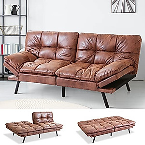MUUEGM Convertible Futon Sofa Bed,Faux Leather Sofa Couch with Adjustable Armrests and Back,Convertible Sleeper Sofa,Couches for Living Room,Guest Room, Apartment and Small Space/Brown