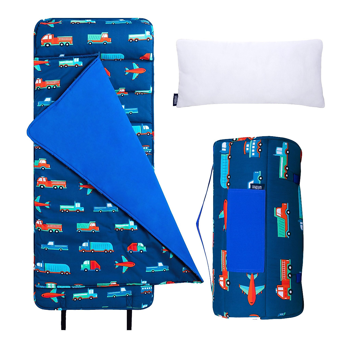 Wildkin Original Nap Mat with Reusable Pillow for Boys & Girls, Perfect for Elementary Daycare Sleepovers, Features Hook & Loop Fastener, Cotton Blend Materials Nap Mat for Kids (Transportation)