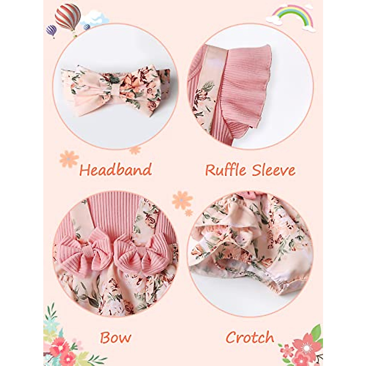 Kiluex Newborn Baby Girl Clothes Summer Romper Ruffle Sleeve One-Pieces Jumpsuits Bodysuit Infant Outfits with Headband (Pink, 3-6 Months)