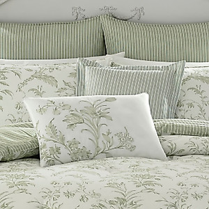 Laura Ashley Home - Queen Duvet Cover Set, Reversible Cotton Bedding, Includes Matching Shams with Bonus Euro Shams & Throw Pillows (Natalie Green, Queen)