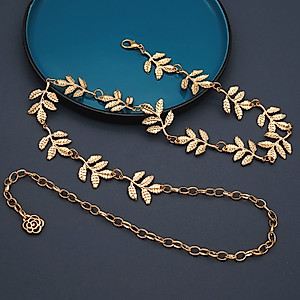HIQUACC Metal Waist Chain Body Belly Belt Chains Jewelry Accessories for Women Girls (Leaf Gold-S)