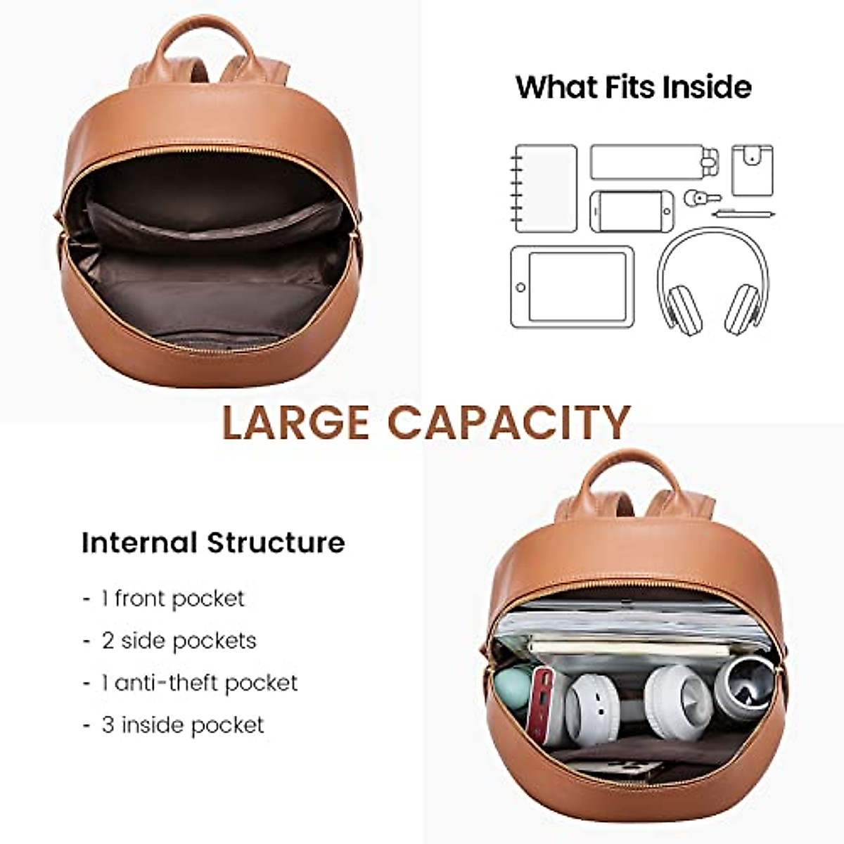 LOVEVOOK Leather Backpack Purse for Women, Casual Backpack for Girls, Cute PU Satchel School Backpack, Water Resistant Travel Backpack, Fashion Bookbag Purse