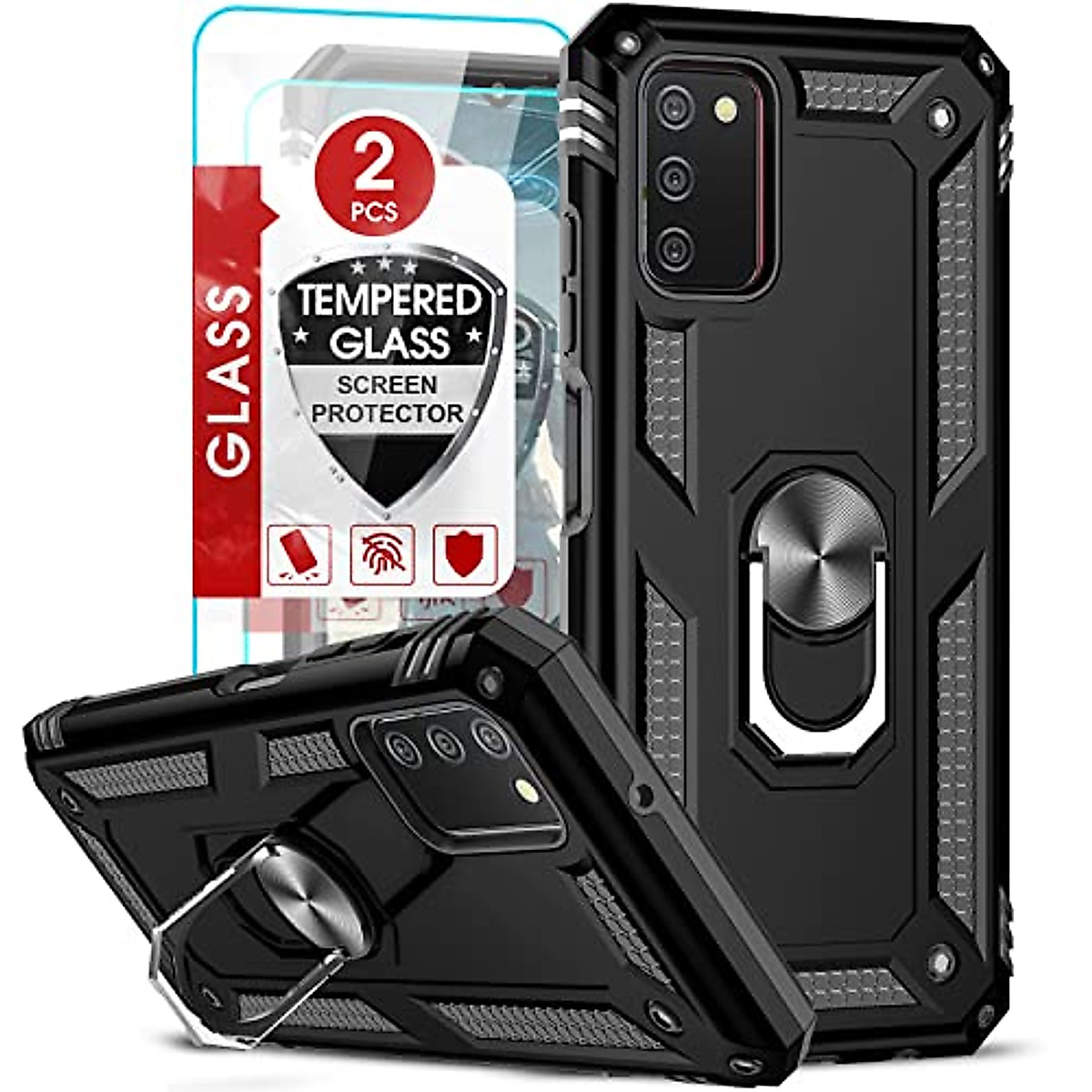 LeYi for Samsung Galaxy A03S Phone Case, Samsung AO3S Case with [2 Pack] Screen Protector, [Military-Grade] Magnetic Ring Kickstand Protective Phone Case for Galaxy A03S (6.5 Inch), Black