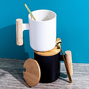 Tea Cup- Tea Cup with Lid- Coffee Mug With Lid- Ceramic Mugs with Ergonomic Wooden Handle & Lid- Matte-Finish Tea Mug- Tea Travel Mug with Spoon- Coffee or Tea Mugs by Samora (Black & White, Set of 2)