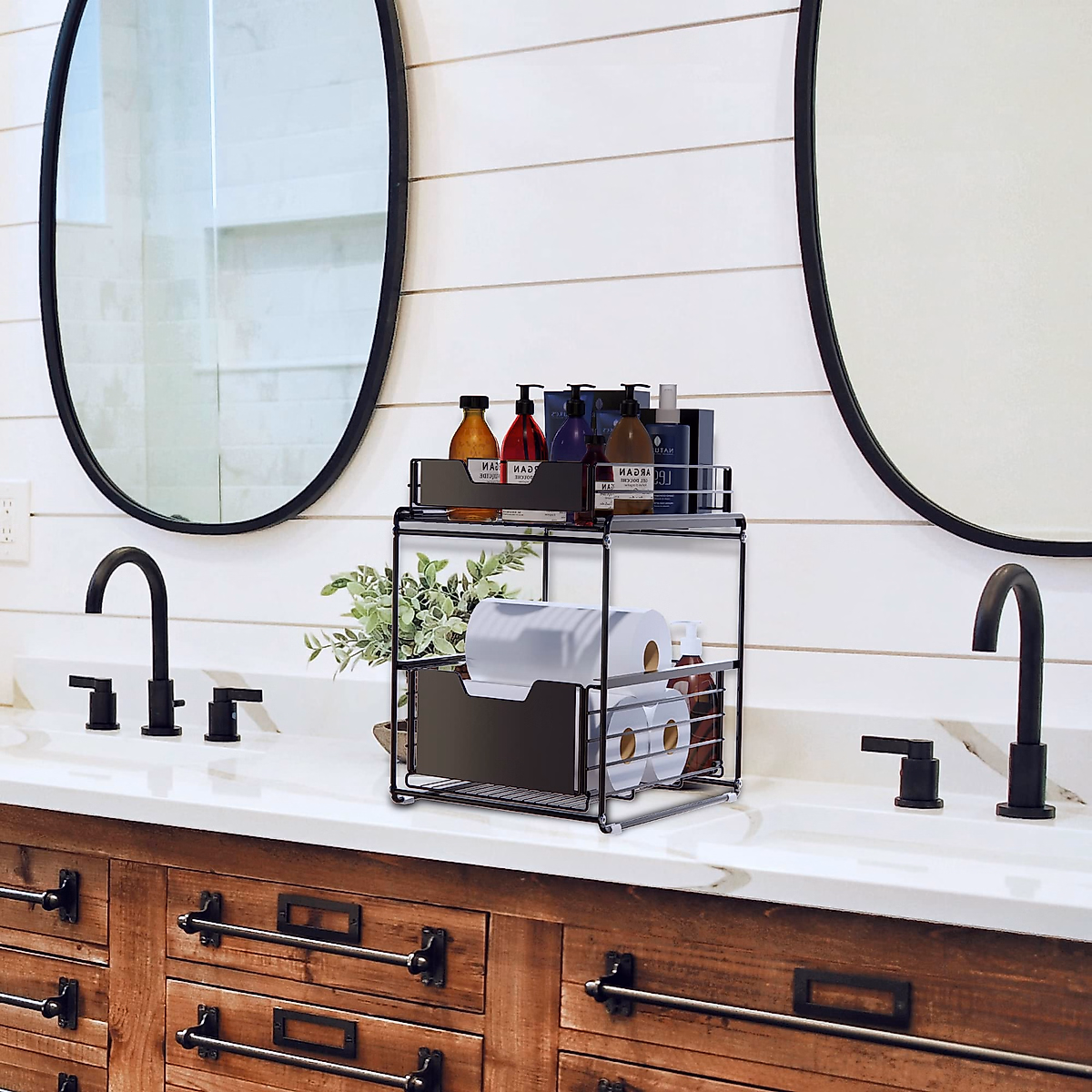 Across-Star Pull Out Under Sink Cabinets Organizer, Stackable 2 Tire Sliding Countertop Organizer, Under Sink Storage Drawer Shelf for Kitchen, Bathroom (Black)