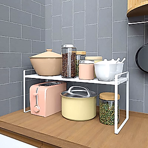 Kitchen Cabinet Storage Rack Bedroom Under Sink Countertop Metal Shelf with L Key White Iron,Space Saving Steel Frame Stackable Rust Resistant Non Slip White