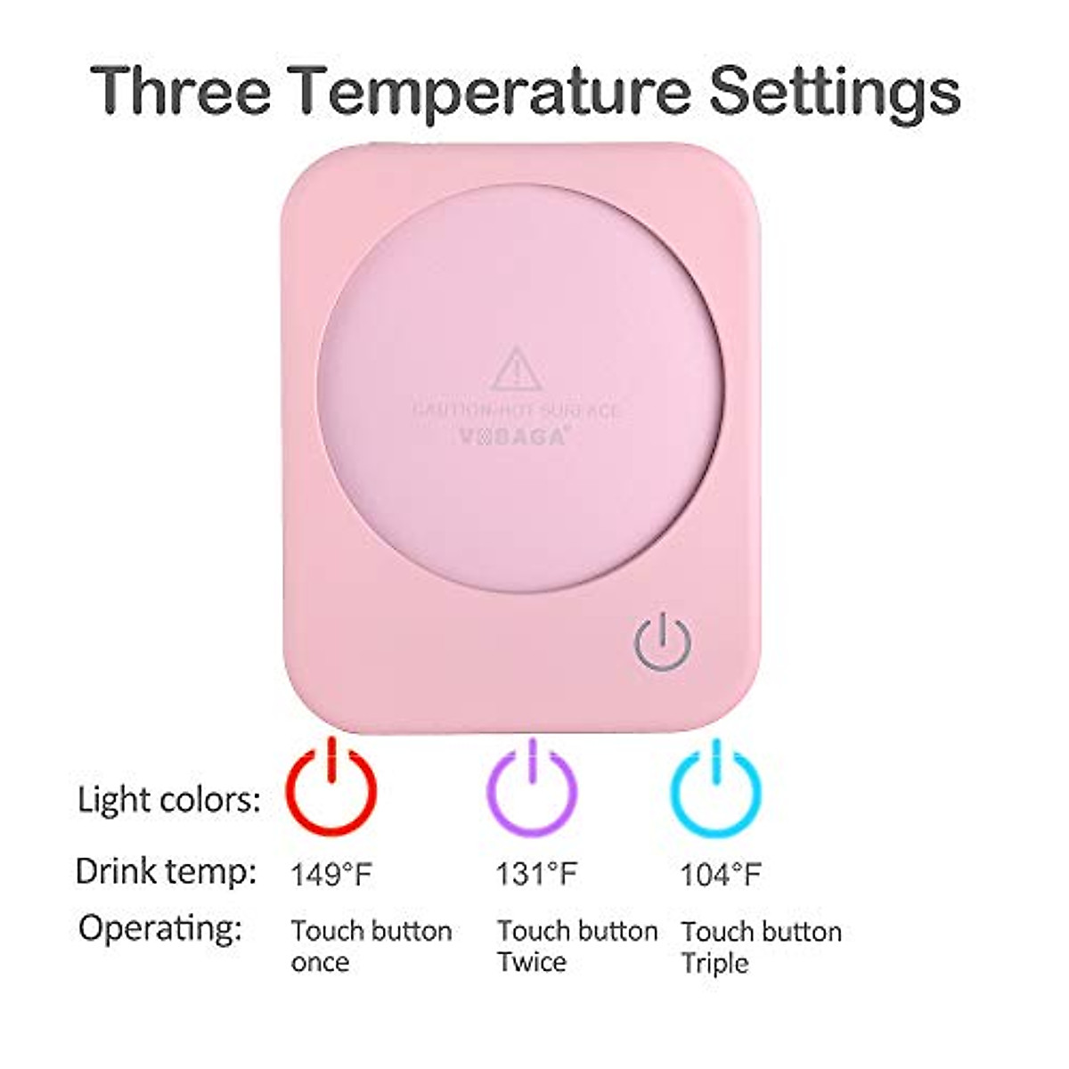 VOBAGA Coffee Mug Warmer with 4 Hours Auto Shut-Off, Coffee Warmer Plate for Office Home Desk Use with 3 Temperature Settings, Electric Cup Warmer for Cocoa,Tea, Milk, Water, Pink (No Cup)