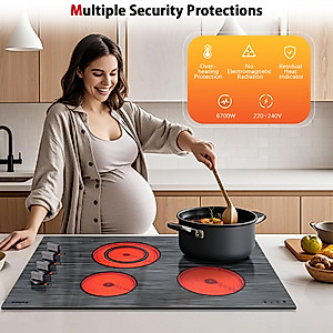 Karinear Electric Cooktop 30 Inch, 4 Burners Electric Stove Knob Control, Built-in Electric Ceramic Cooktop with Beautiful Woodgrain Pattern Glass Surface, 6700W, 220-240v Hard Wired(No Plug)