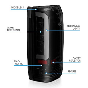 AmeriLite Truck 3D C-Type Halogen, Led, Tube Dark Smoke Replacement Tail Light Set For 1989-1996 Ford F150 Bronco F250 F350 - Passenger and Driver Side, Vehicle Light Assembly, Black