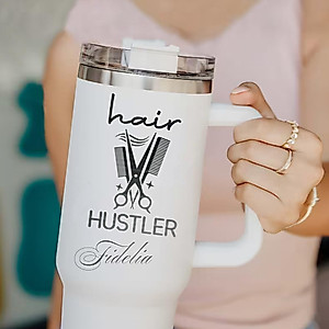 LifGif Hair Hustler Personalized Tumbler 40 oz Laser Engraved, Insulated Cup with Handle, Lid and Straw, Custom Tumbler Hair Stylist Graduation Gift for Men Women Friend Stainless Steel Coffee Cup