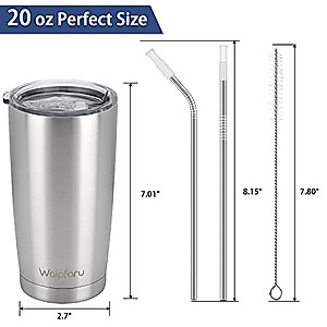 Waipfaru 20 oz Tumbler, Insulated Tumblers with Lid and Straw, Double Wall Durable Travel Coffee Mug, Stainless Steel Vacuum Tumbler, Splash-Proof Powder Coated mug for Cold & Hot Drinks (Stainless)