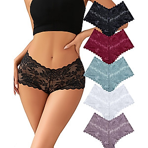 Knowyou Women's Underwear Sexy V-Waist Shorts Underwear for Women Lace High Waist Cheeky Panties 5 Pack-A-M