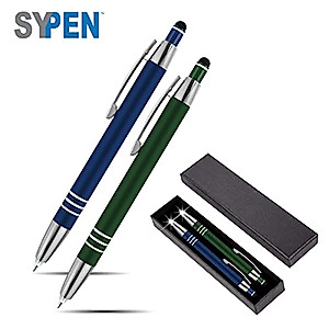 SyPen Luxury Pen Gift Set, 2 Rubberized Metal Ballpoint Pens +Night Writer LED Flashlight +Stylus for Touchscreens +Gift Box, Gift Pen Sets for Men, Women, Blue/Green