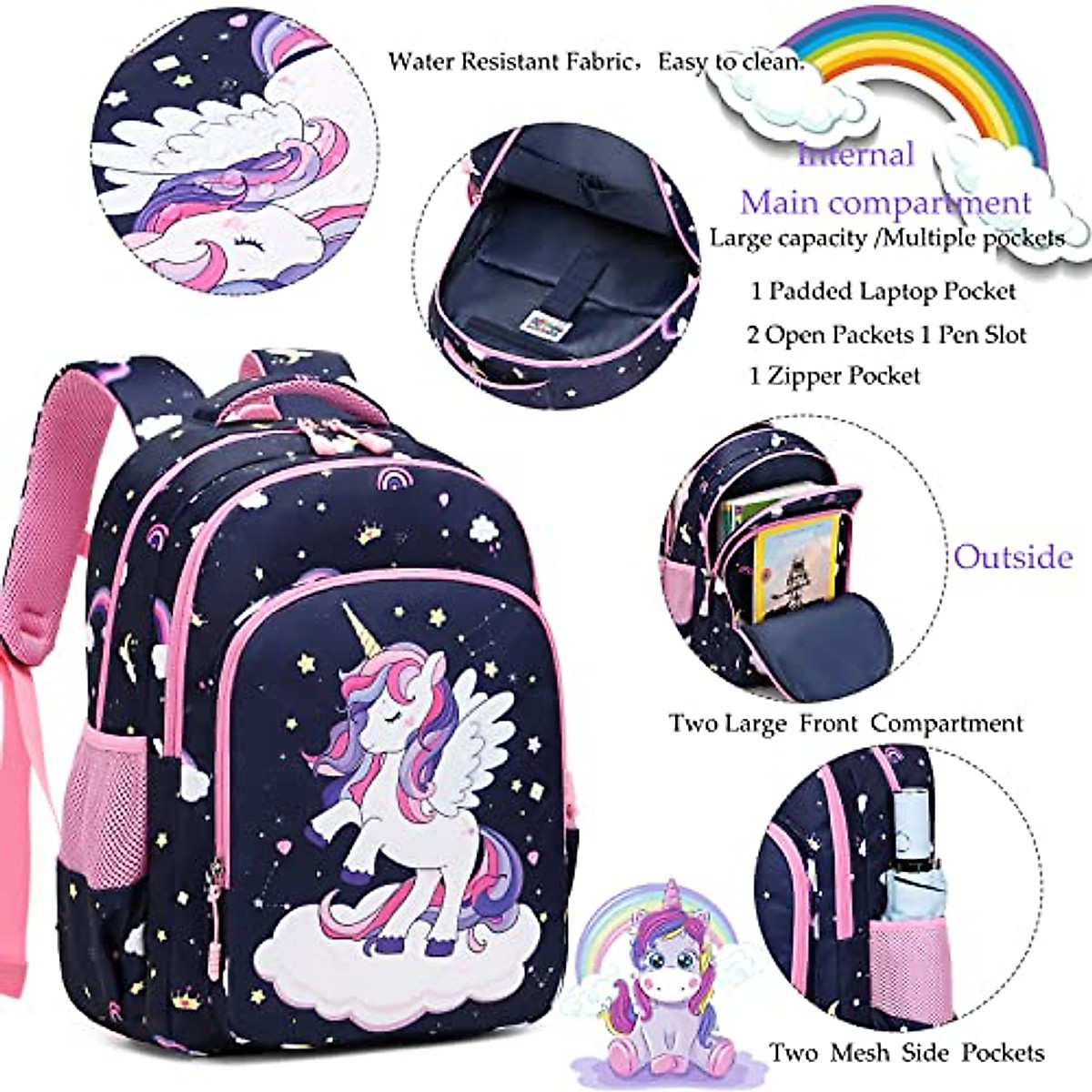 Dafelile Unicorn Backpack for Girls School Backpack Unicorn Bookbag 3 in 1 Set for Girls Elementary with Chest Strap and Lunch Bag