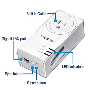 TRENDnet Powerline 1300 AV2 Adapter with Built-in Outlet, Gigabit Port, IEEE 1905.1 & IEEE 1901, Range Up to 300m (984 ft.), TPL-423E, White