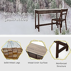 Tangkula Study Desk & Chair Set, Kids Learning Table with Drawer, Ergonomic Chair with Inclined Backrest, Students Computer Workstation with Solid Rubber Wood Feet, Teen Desk & Chair Set