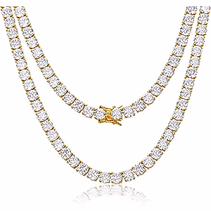 Moissanite Tennis Necklace 18K Gold Plated 925 Sterling Silver Yellow White Gold Plated Moissanite Diamond Tennis Choker Chain Wedding Necklaces 3/4/5mm 16-24 Inch Jewelry Gift for Women Men (Gold)