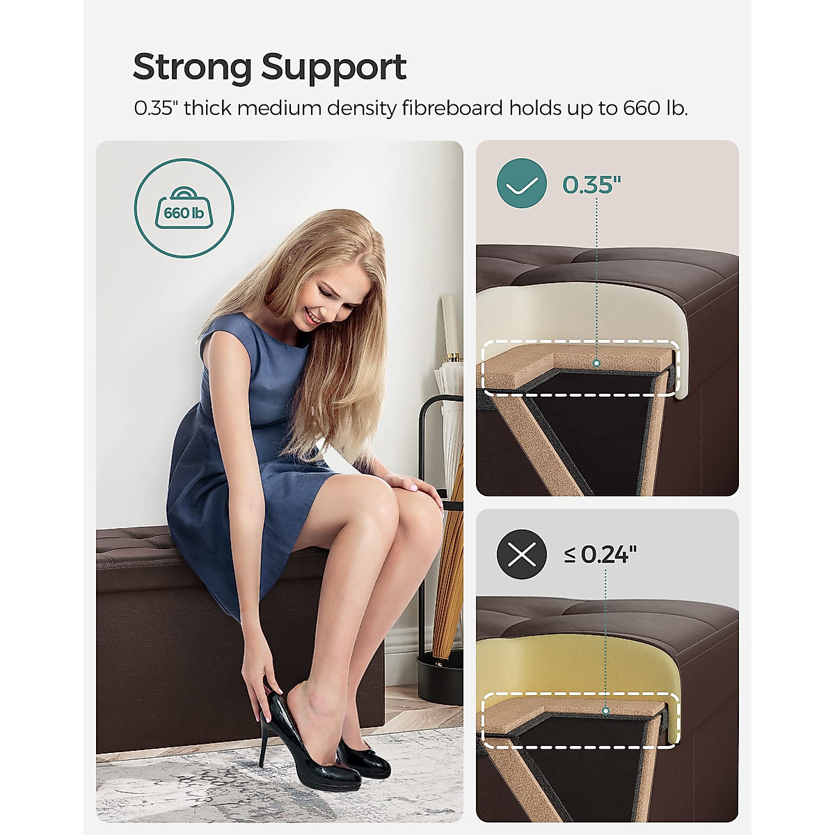 SONGMICS MAZIE Collection - 30 Inches Storage Ottoman Bench with Flipping Lid, Storage Chest Footstool, Load 660 lb, for Entryway, Living Room, Bedroom, Synthetic Leather, Brown ULSF45BR