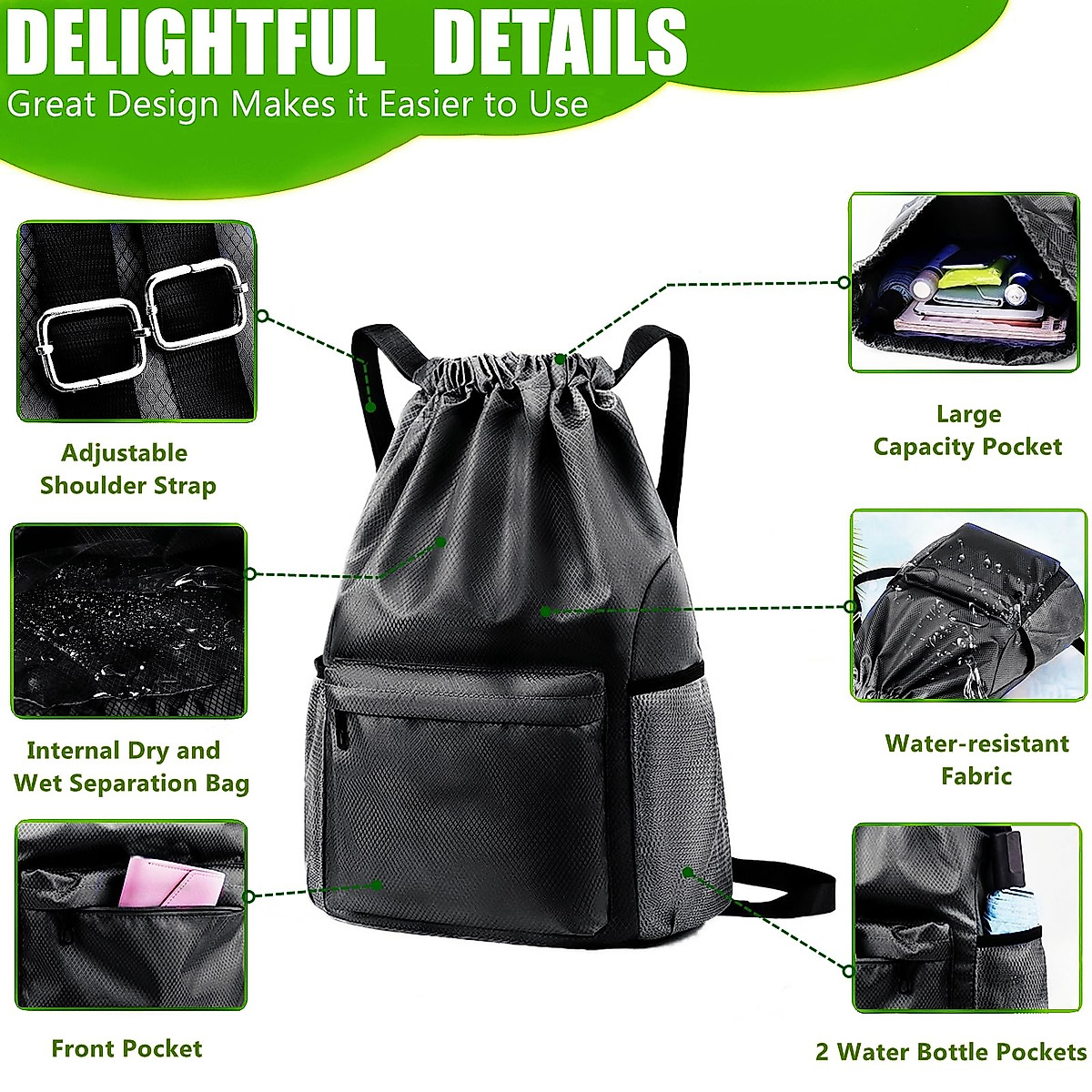 BLIRITEL Drawstring Backpack Waterproof String Bag, Gym Sackpack Sports Fitness Yoga Bag, Shopping Casual Backpack for Men Women (Black)