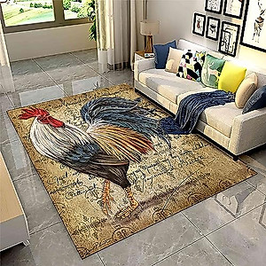 Rooster Area Rugs, 5x7ft, Fbig Cock Walks Rug, Vintage English Alphabet Brown Background Pattern Carpet, for Bedroom, Living Room, Kids Room, Playroom