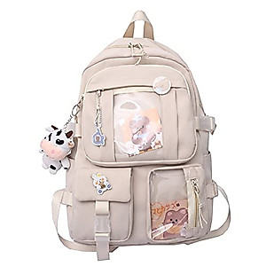 Eagerrich Kawaii Backpack with Cute Pin Accessories Plush Pendant for School Bag Student Girl Backpack Super-Capacity Waterproof Travel Backpack(Beige)