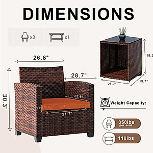 XZHQHB Patio Furniture Set of 3 Wicker Sofa Set with Soft Cushion Bistro Conversation Set Porch Outdoor PE Rattan Garden Chairs Sets with Tempered Glass Top Coffee Table, Brown and Orange