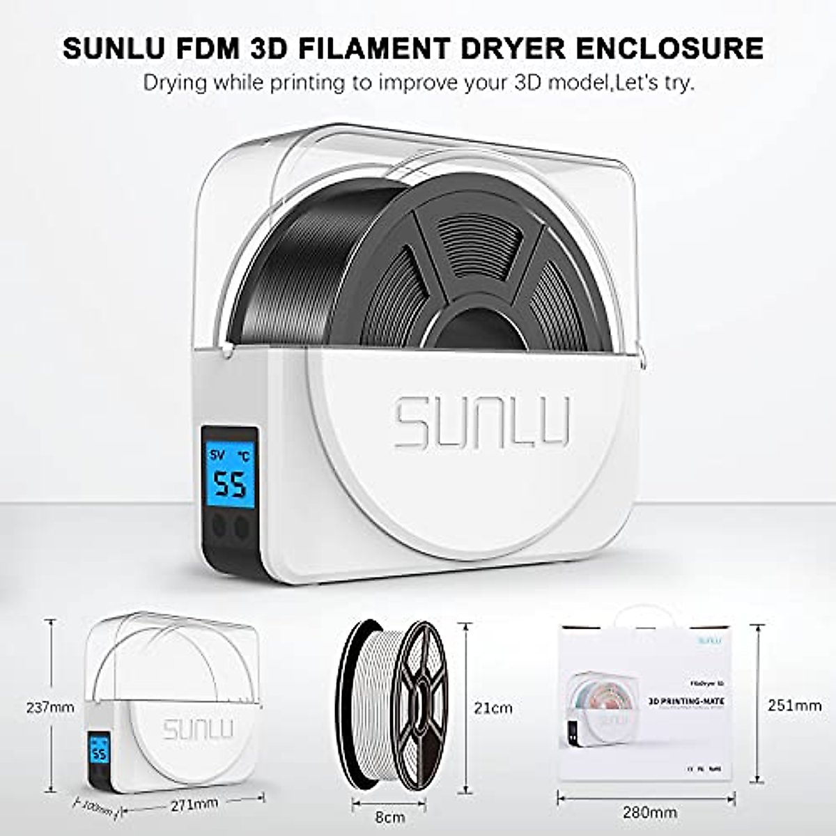SUNLU Filament Dryer Box for 3D Printer Filament, S1 Plus Upgrade Fan, Keep Filament Dry During 3D Printing, Filament Holder, Keep 3D Filament No More Brittle/String/Poor Adhesion, White
