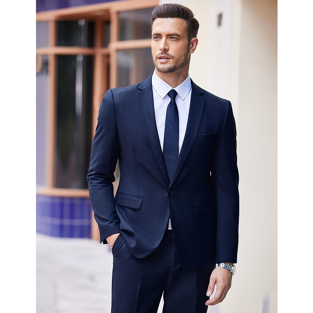 COOFANDY Men 2 Piece Suit Jacket Dress Business Blazer Tuxedo Wedding Suit Pant Navy Blue
