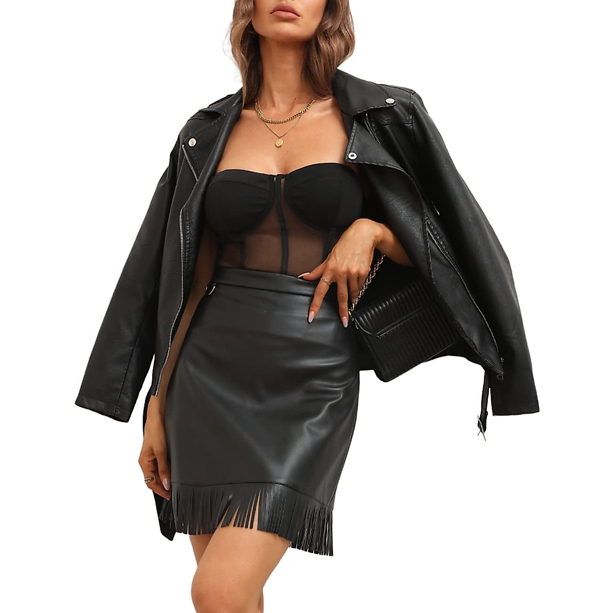 Bellivera Women Faux Leather Motorcycle Jacket Spring Clothes Winter Trendy Moto Biker Casual Coat 7906 Black M