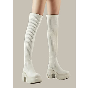 Shoe'N Tale Thigh High Knit Sock Boots Round Toe Mid Chunky Heel Stretch Over the Knee Boots for Women(7,Cream-unique Heel)