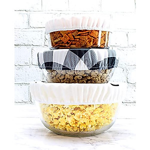 AuldHome Reusable Fabric Bowl Covers (Set of 3); Rustic Farmhouse Themed Black and White Stretchy Cloth Bowl Covers