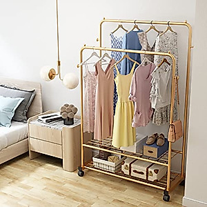 Thick forest Double Layer Clothes Rack Clothes Rack with Wheels Clothing Rack Rolling Rack Metal Rolling Garment Rack with Double-Tier Shelves, Clothes Storage and Organizer (Gold)…