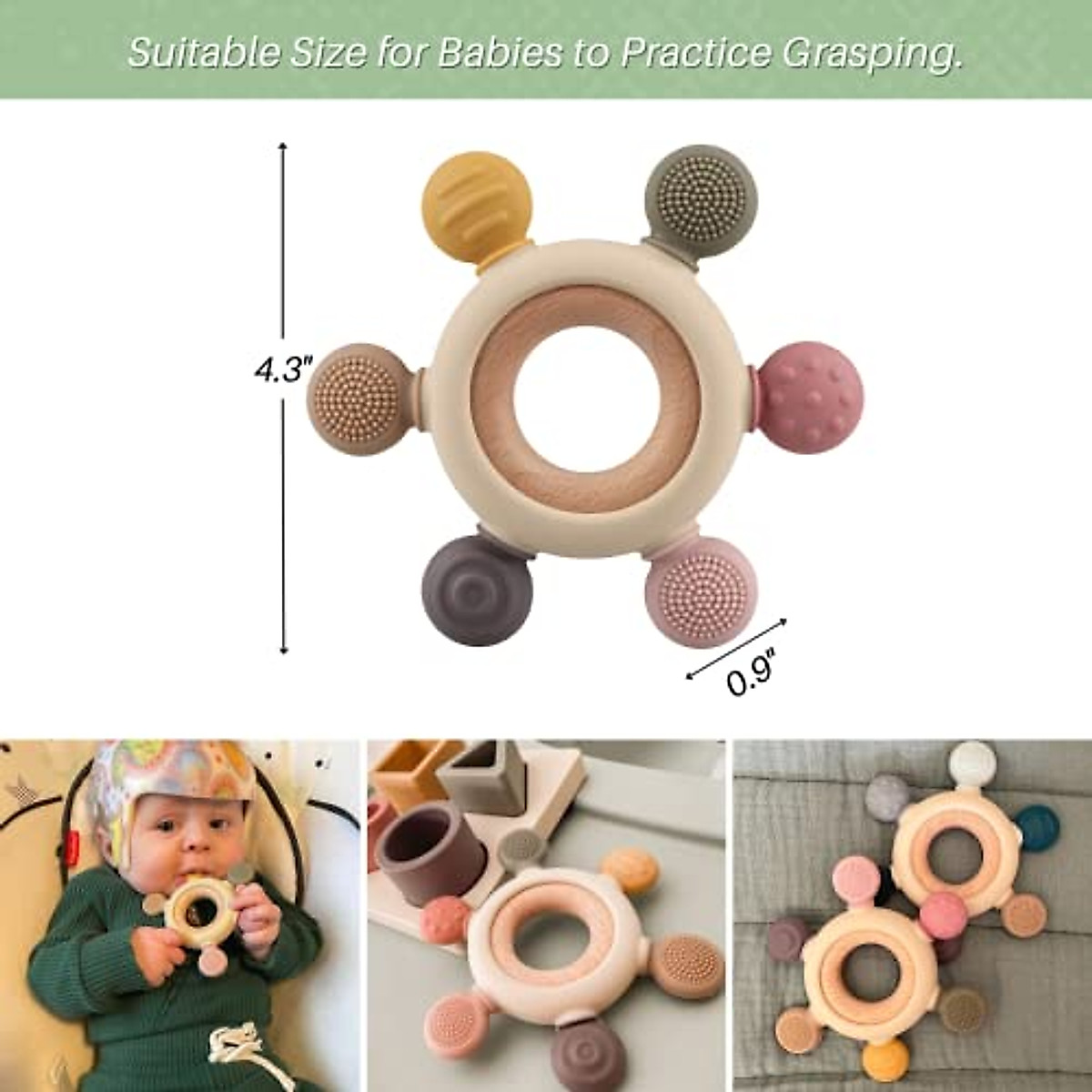 Baby Teething Toys, Silicone Chewable Rings with Organic Wooden, Natural Wooden Ring & Silicone Teething Toys for Newborn, 3+ Months (6 Directions, Khaki)