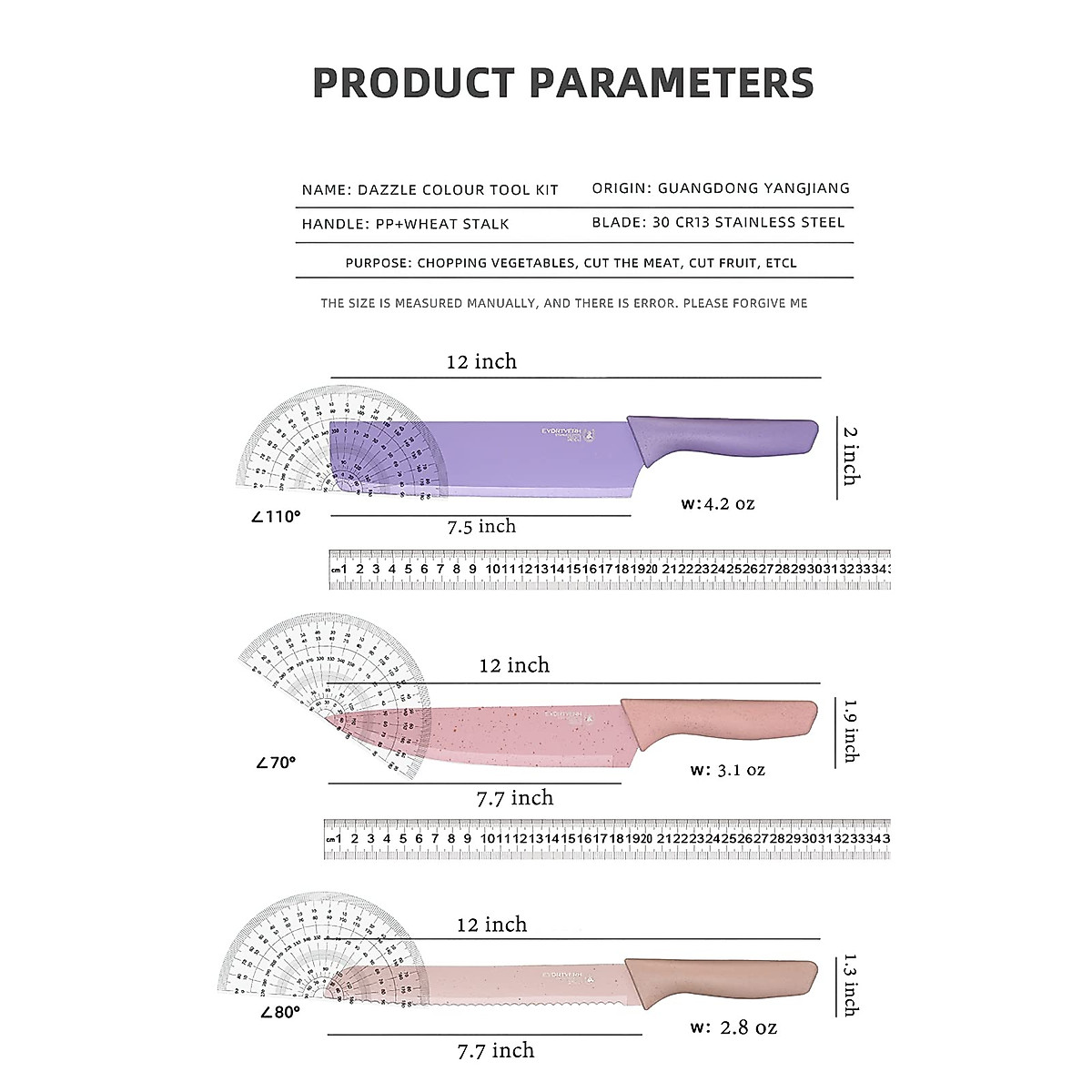 Colorful Kitchen Knives Set of 6 PCS Cute Fruit Knife Set with Gift Box,High Carbon Steel Kitchen Knife Set without Block, Environmental Wheat Straw Material Handle, Sharp Professional Chef Knife