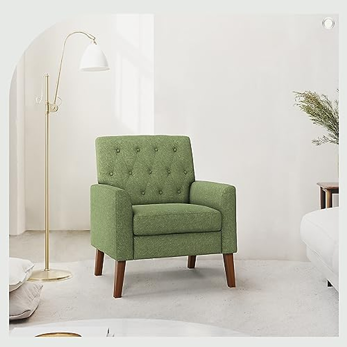 LUE BONA Avocado Green Linen Accent Chair 18.5" H, Button Tufted Armchair, Comfy Living Room Chair with Arms, Upholstered Modern Arm Chairs for Bedroom, Living Room