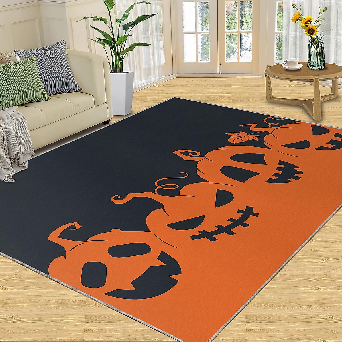 KOMEJIE Halloween Pumpkins Orange Rugs for Entryway 2x3 Rug Indoor Outdoor Rugs, Spooky Lantern Halloween Area Rug, Kitchen Rugs Non Slip Washable Rugs for Bedroom