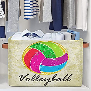 Volleyball Ball Print Storage Basket, Collapsible Canvas Fabric Storage Toys Bin Shelves Decor Laundry Organizer with Leather Handles for Closet Shelf Nursery Bedroom 15x11x9.5 In