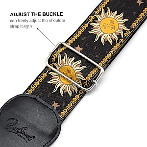 BestSounds C-150 Leather Adjustable Guitar Strap, Sun Jacquard Weave For Bass Electric and Acoustic Guitars, Black